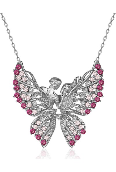İndigo Kelebeğin Rüyası Fuşya Geçişli Gümüş Kolye