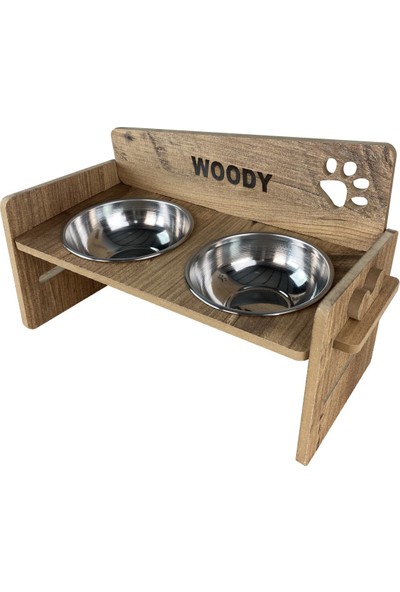 Odun Concept Yüksekliği Ayarlanabilir Kedi ve Küçük Irk Köpek Mama ve Su Kabı Çelik Kaseli Tamamen Ahşap Desenli - Level