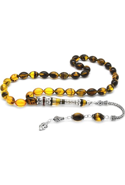 Online Hediye Sepeti 925 Ayar Gümüş Püsküllü Gümüş Nakkaş Imameli Süzme Sarı Ateş Kehribar Tesbih