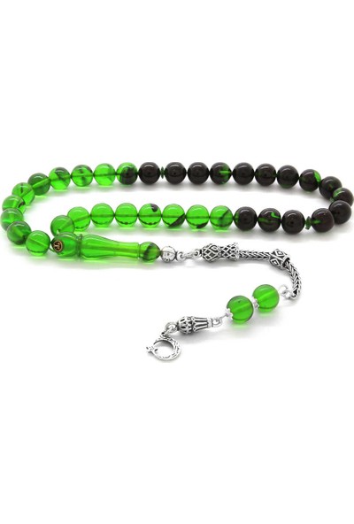 Online Hediye Sepeti 925 Ayar Gümüş Püsküllü Küre Kesim Süzme Yeşil Ateş Kehribar Tesbih
