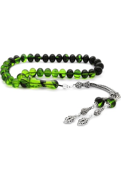 Online Hediye Sepeti 925 Ayar Gümüş Püsküllü Tekerlek Kesim Süzme Yeşil Ateş Kehribar Tesbih