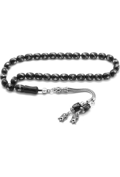 Online Hediye Sepeti 925 Ayar Gümüş Lale Püsküllü Gümüş Işlemeli Arpa Kesim Rus Oltu Tesbih