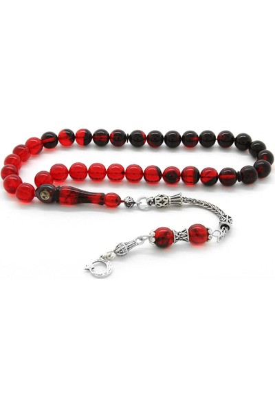 Online Hediye Sepeti 925 Ayar Gümüş Püsküllü Küre Kesim Süzme Kırmızı Ateş Kehribar Tesbih