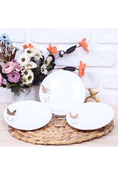 Arow 3'lü Porselen Pasta Tabağı Kelebek Desenli