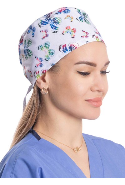 Şirin A Medikal Cerrahi Bone Kelebek Desenli Cerrahi Bone BN217BEYAZ
