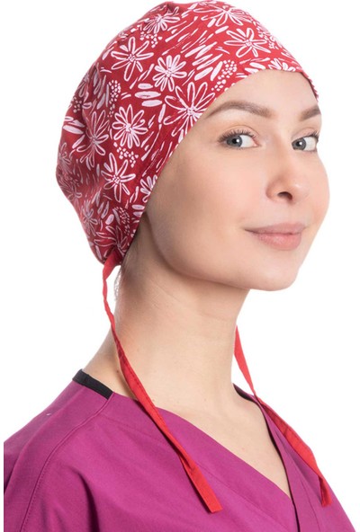 Şirin A Medikal Cerrahi Bone Çiçek Desenli Cerrahi Bone BN206KIRMIZI