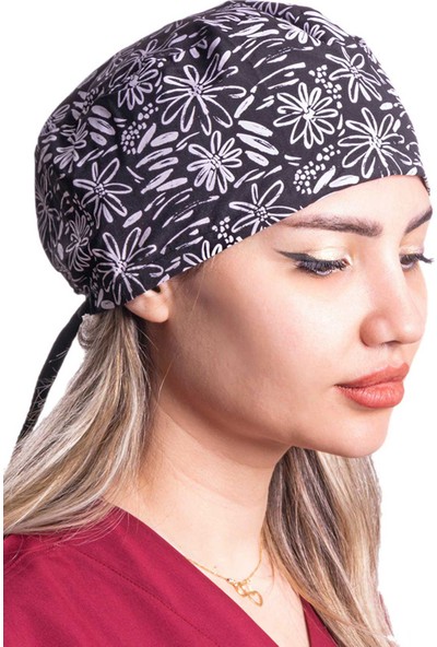 Şirin A Medikal Cerrahi Bone Çiçek Desenli Cerrahi Bone BN206SİYAH