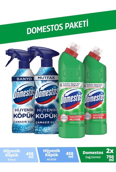 Domestos Paketi Domestos Hijyen Köpük Banyo 450 ml + Domestos Hijyen Köpük Mutfak 450 ml + Domestos Dağ Esintisi 750 ml x 2 Domestos Paketi Domestos Hijyen Köpük Banyo 450 ml + Domestos Hijyen Köpük Mutfak 450 ml + Domestos Dağ Esintisi 750 ml x 2