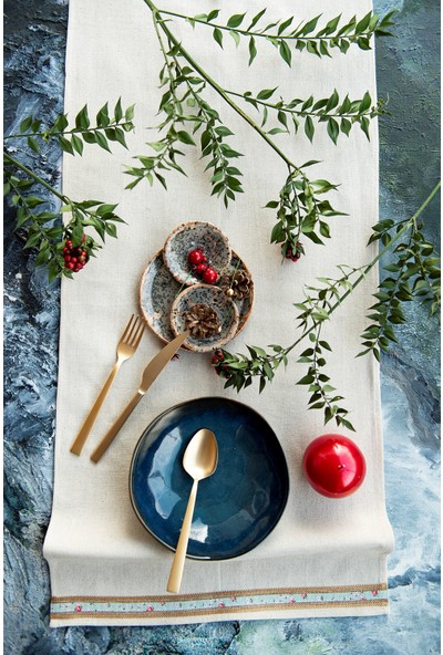 Anı Home Keten Çiçek Şeritli Runner