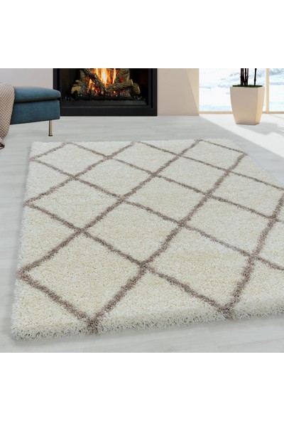 Ayyıldız Desenli Shaggy Halı Baklava Kare Desen Krem Bej Renklerde
