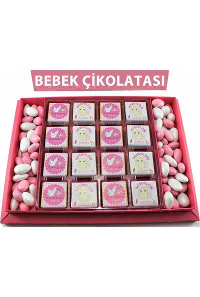 Dark Brown Hoşgeldin Bebek Çikolatası 48 Madlen ve Badem Drajeli Kız Bebek Doğum Hediyesi Dark Brown Hoşgeldin Bebek Çikolatası 48 Madlen ve Badem Drajeli Kız Bebek Doğum Hediyesi