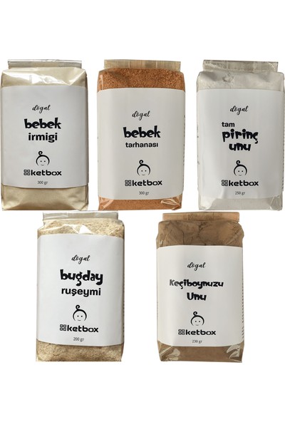 Ketbox Bebek Gıda Seti Doğal Bebek Irmiği, Bebek Tarhanası, Tam Pirinç Unu, Buğday Ruşeymi, Keçiboynuzu Unu Ketbox Bebek Gıda Seti Doğal Bebek Irmiği, Bebek Tarhanası, Tam Pirinç Unu, Buğday Ruşeymi, Keçiboynuzu Unu