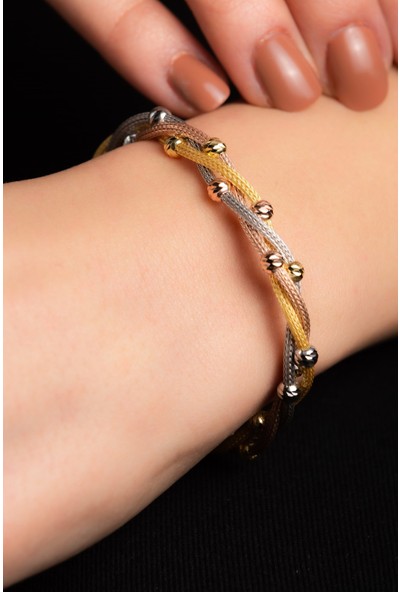 Hiç Gümüş Dorika Üç Renk Burma Gümüş Altın Kaplama Kadın Gümüş Bileklik 925 Ayar
