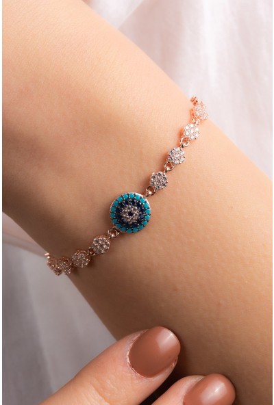 Hiç Gümüş Nazar Boncuklu Kar Tanesi Motifli Rose Altın Kaplama Kadın Gümüş Bileklik 925 Ayar