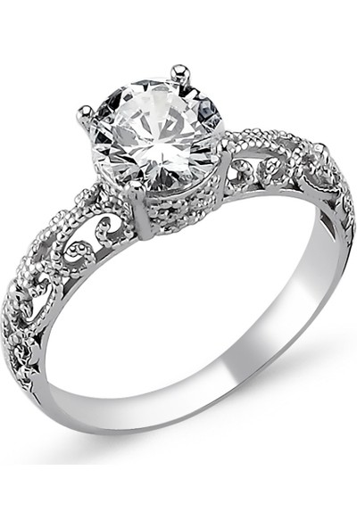 Silverlina Gümüş Zirkon Taşlı Desenli Tektaş Yüzük