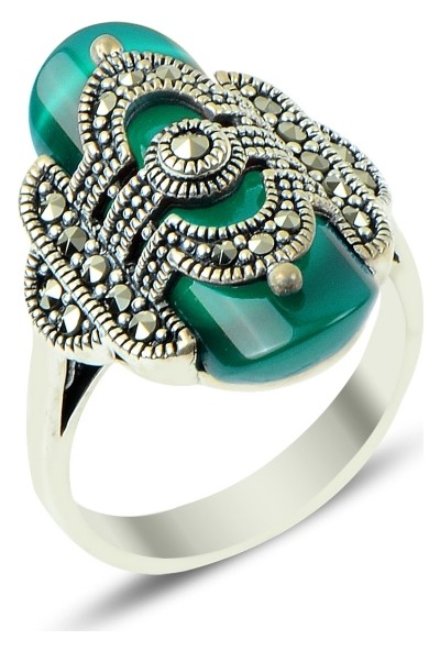 Silverlina Gümüş Markazit ve Akik Taşlı Yüzük