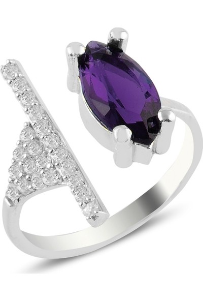 Silverlina Gümüş Ametist Mekik Zirkon Taşlı Tektaş Yüzük