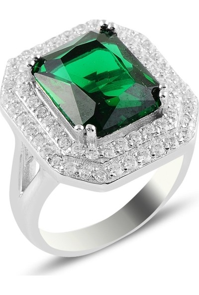 Silverlina Gümüş Zümrüt Zirkon Tektaş Yüzük