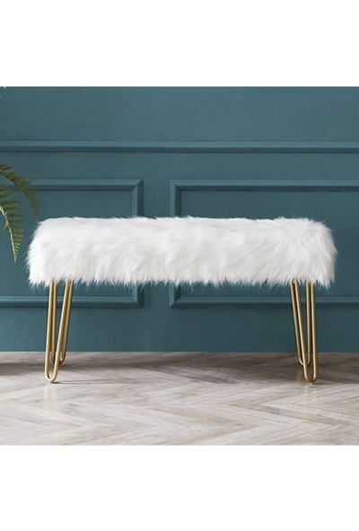 Puf Bench Peluş Gold Ayak - Beyaz