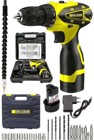 Graizer Alman Titan 32 V Sjs Çift Metal Şanzuman Çift Akülü Şarjlı Vidalama Matkap + 24 Parça Set Sari Ar Graizer Alman Titan 32 V Sjs Çift Metal Şanzuman Çift Akülü Şarjlı Vidalama Matkap + 24 Parça Set Sari Ar