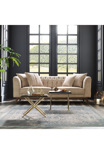 Enza Home Elegante Krem 3'lü Koltuk - Deri Desenli Kumaş