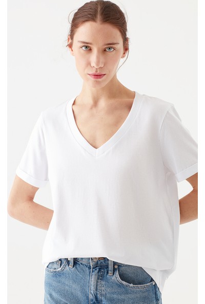 Mavi Kadın V Yaka Beyaz Basic Tişört 166248-620 Mavi Kadın V Yaka Beyaz Basic Tişört 166248-620