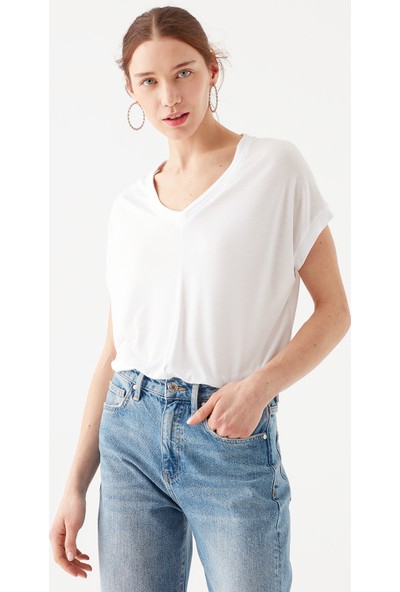 Mavi Kadın V Yaka Beyaz Basic Tişört 166449-620
