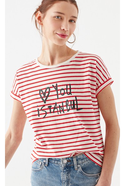 Mavi Kadın Love You Baskılı Çizgili Istanbul Tişört 167986-26829