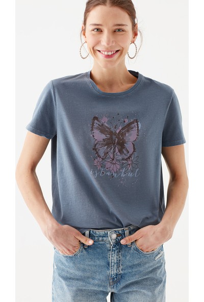 Mavi Kadın Kelebek Baskılı İstanbul Tişört 168571-30233