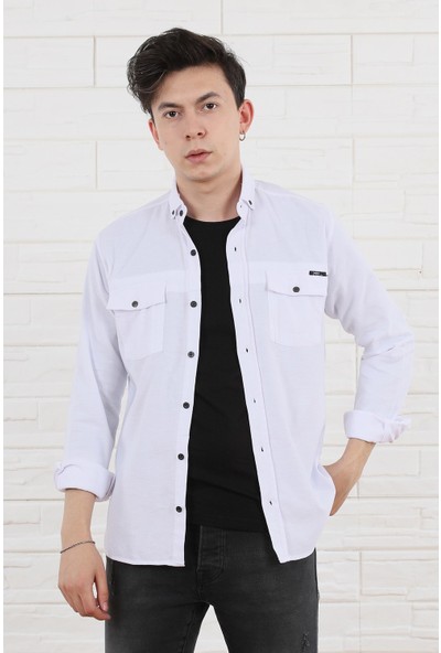 Arlin Erkek Armürlü Çift Cep Sedef Çıt Çıt Likralı Beyaz Kot Gömlek Arlin Erkek Armürlü Çift Cep Sedef Çıt Çıt Likralı Beyaz Kot Gömlek