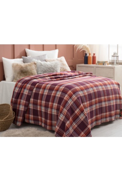 Madame Coco Odline Çift Kişilik Ekoseli Pamuklu Battaniye Ekru Mürdüm