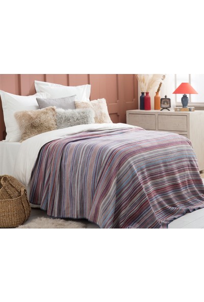 Madame Coco Aldric Çizgili Pamuklu Battaniye-Mavi / Kırmızı