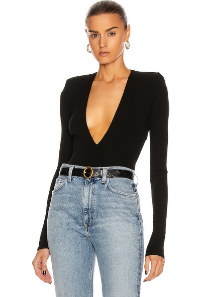 By Umut Design Derin V Yaka Vatkalı Siyah Bodysuit