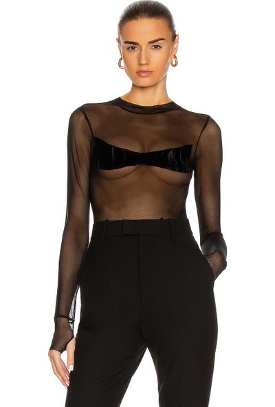 By Umut Design Transparan Kadife Detaylı Tül Bodysuit