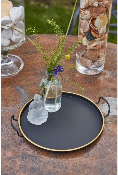 Arma House 25 cm Altın Kenarlı Siyah Country Tarzı Dekoratif Tepsi