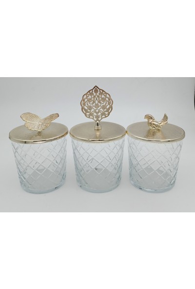 Fidex Home Cam Kapaklı Bardak Şekerlik-Lokumluk 3 Lü Gümüş