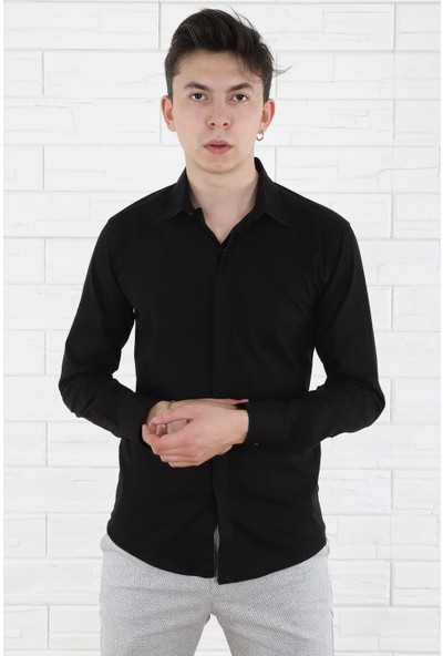 Arlin Erkek Saten Gizli Kaun Slim Fit Siyah Gömlek Arlin Erkek Saten Gizli Kaun Slim Fit Siyah Gömlek