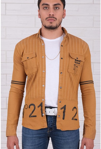Arlin Erkek Çizgili Garnili Baskılı Cepli Slim Fit Hardal Gömlek