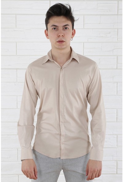 Arlin Erkek Saten Gizli Kaun Slim Fit Bej Gömlek Arlin Erkek Saten Gizli Kaun Slim Fit Bej Gömlek