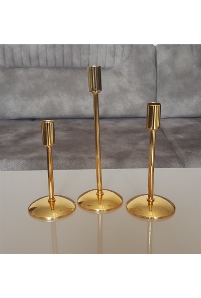 Sözen Metal Şamdan Mumluk Set 3'lü Gold