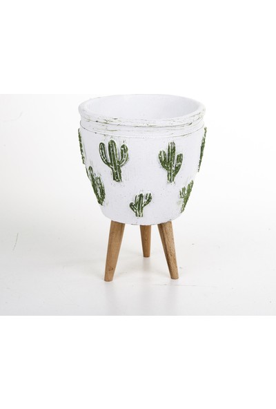 Veramaya Ayaklı Yeşil Beyaz Eskitme Kaktüs Beton Saksı 14 x 20 cm