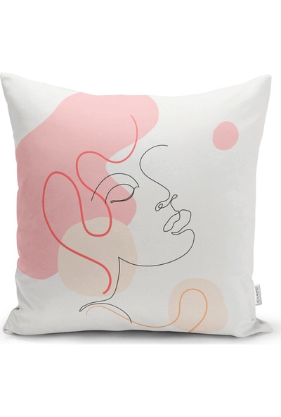 RealHomes Kırmızı Şeritli Portre Çizimli Özel Tasarımlı Modern Kırlent Kılıfı