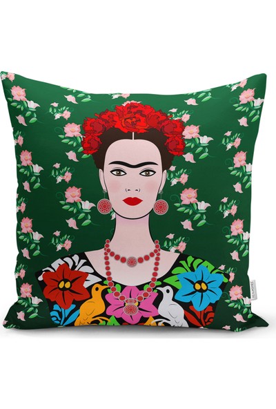 RealHomes Yeşil Zeminde Frida Kahlo Motifli Özel Tasarım Yastık Kılıfı RealHomes Yeşil Zeminde Frida Kahlo Motifli Özel Tasarım Yastık Kılıfı