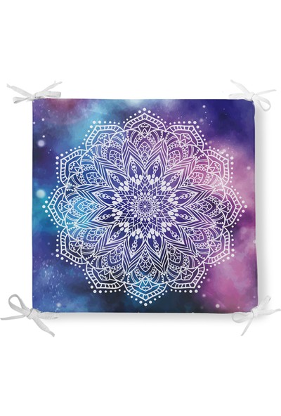 RealHomes Gökkuşağı Zemininde Beyaz Mandala Çizimli Dekoratif Fermuarlı Sandalye Minderi