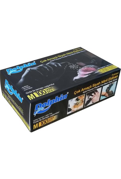 Dolphin Çok Amaçlı Pudrasız Siyah Nitril Eldiven Orta (M) - 100'LÜ Dolphin Çok Amaçlı Pudrasız Siyah Nitril Eldiven Orta (M) - 100'LÜ