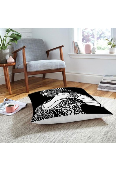 RealHomes Siyah Zeminde Gri Japon Kız Motifli Dekoratif Yer Minderi