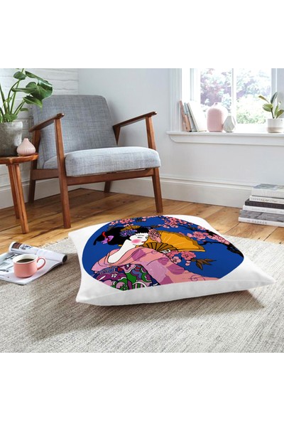 Çiçek Desenli Yelpazeli Japon Kız Motifli Modern Yer Minderi