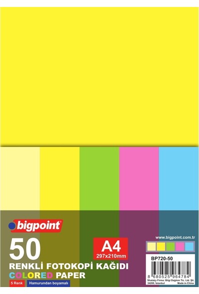 Bigpoint A4 Renkli Fotokopi Kağıdı 5 Renk 50'li Paket Bigpoint A4 Renkli Fotokopi Kağıdı 5 Renk 50'li Paket