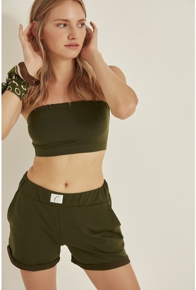 C&City 702 Kadın Paçası Katlamalı Şort Haki