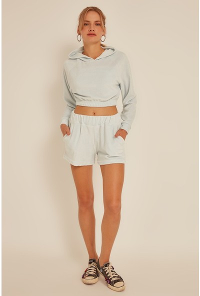 C&City 710 Kadın Paçası Katlamalı Kadife Şort Açık Mavi